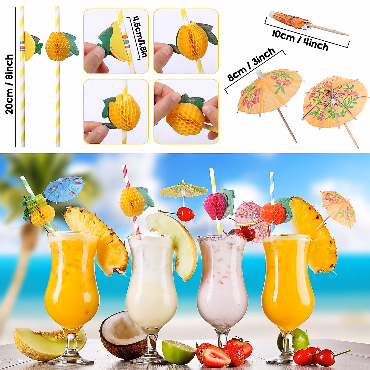 Golray Tropical Luau Party Decorations Hawaiian Summer Beach Pool Birthday Supplies, Grass Table Skirt Aloha Balloon Arch & Pineapple Flamingo Umbrella Cupcake Toppers Straws Palm Tree Leaves Hibiscus