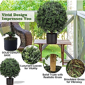 24''T Artificial Boxwood Ball Topiary Tree, Set of 2 -Pre-Potted Artificial Bushes UV Resistant, Artificial topiariy Trees for Outdoor or Indoor