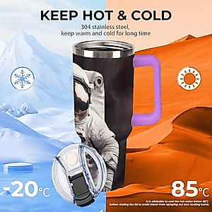 LLUTSNTH 40 Oz Vacuum Tumbler with Violet Handle Leakproof Insulated Tumbler Astronaut Stainless Steel Travel Mug with Lid And Straw Coffee Cup Cute Water Bottles Cup Holder Friendly