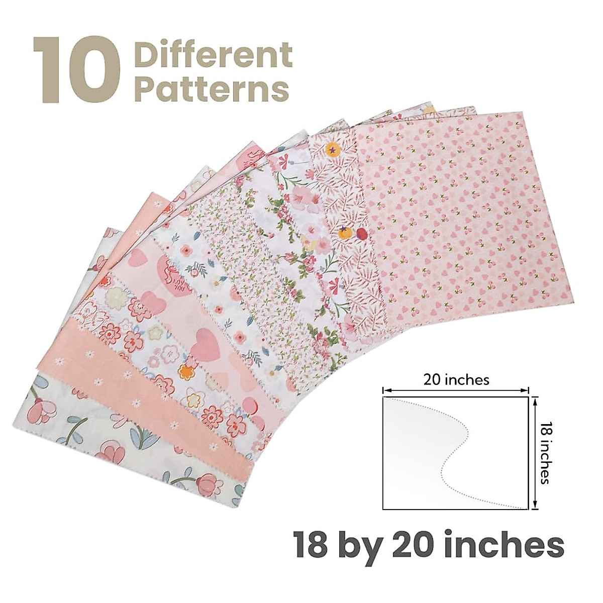 WISPAWS Fat Quarters Fabric Bundles, 10 Pcs 100% Cotton 18” x 20” (45cmx50cm) Precut Quilting Fabric Squares, Floral Prints Cotton Fabric Squares Quilting Supplies for Crafts Sewing Quilting (Pink II)
