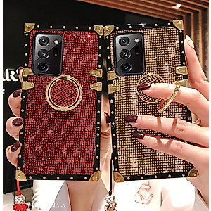 Babemall Compatible for Samsung Galaxy Note 20 Ultra 5G Case, Bling Glitter Protective Plating Decoration Corner Back Cover Case with 360 Degree Ring Holder and Bead Chain (Gold)