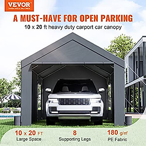 VEVOR Carport 10x20ft Portable Garage, Heavy Duty Car Canopy with Roll-up Ventilated Windows & Removable Sidewalls, UV Resistant Waterproof All-Season Tarp for SUV, F150, Car, Truck, Boat