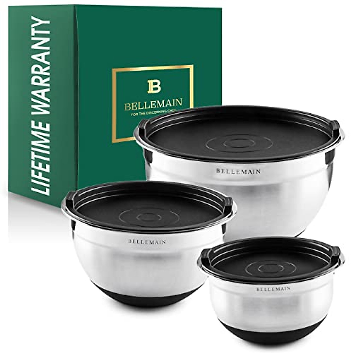 Bellemain Stainless Steel Non-Slip Mixing Bowls with Lids (3 Piece, Silver/Black)