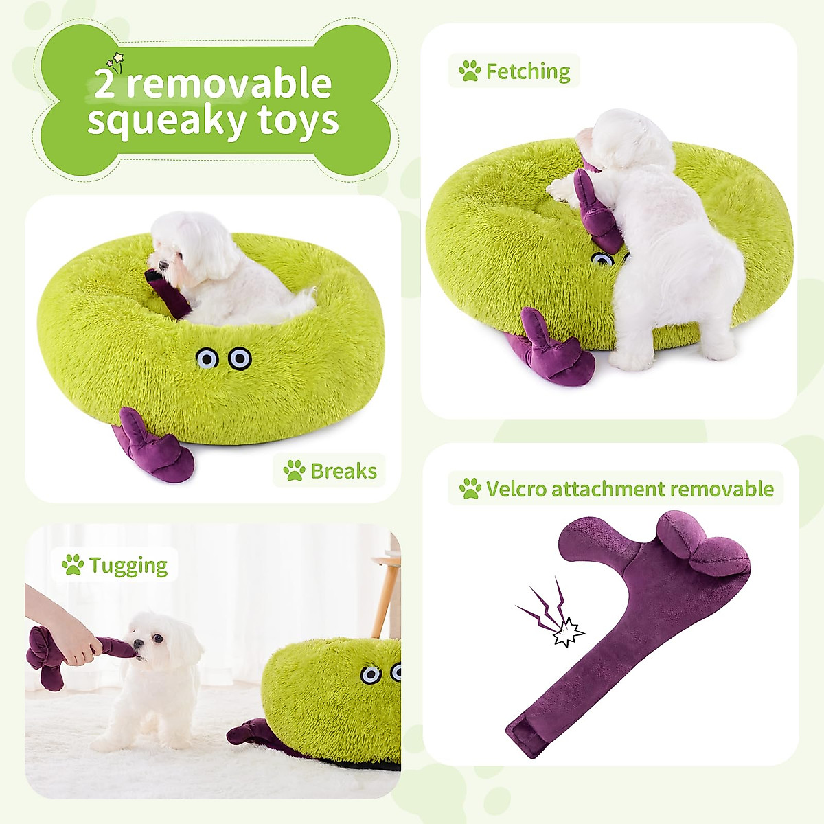 Mooncube Calming Dog Bed for Medium Dogs, 24-Inch Donut Orthopedic Round Pet Bed with Removable Squeaky Toys, Fits up to 25 lbs, Green