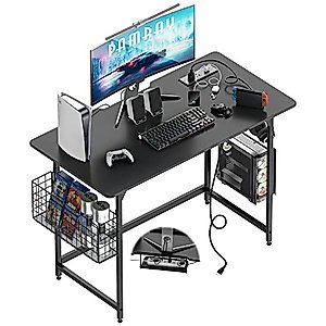 Pamray 40 inch Computer Desk with Built-in Outlet & USB Charging Port Home Office Desk with Cable Trough and Under Desk Cable Management for Work and Gaming