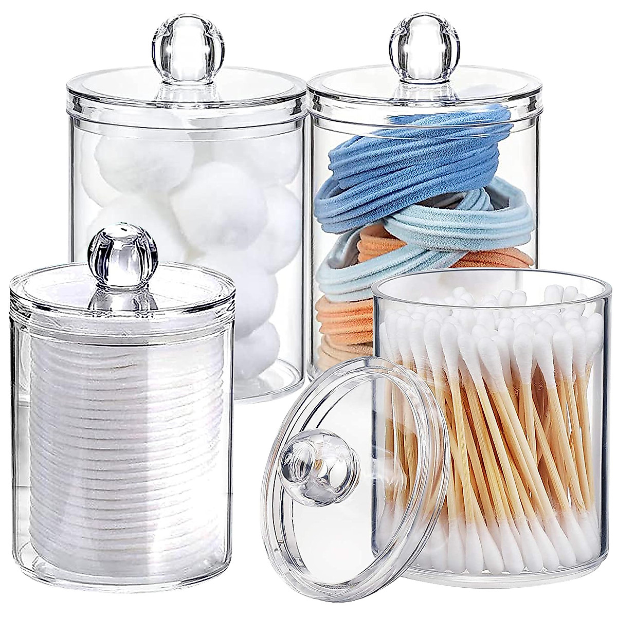 4 PACK Qtip Holder Dispenser For Cotton Ball, Cotton Swab, Cottom Round Pads, Floss Picks - 10 oz Clear Plastic Apothecary Jar Set For Bathroom, Vanity Makeup Organizer, Cnister Storage Organization
