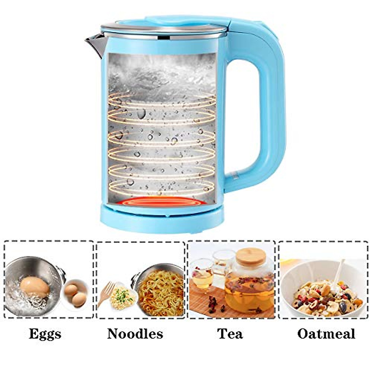 Eglaf 0.5L Small Electric Kettle - Portable Mini Stainless Steel Travel Kettle - Water Touch Inner Surface without Plastic & Cool Touch Outer Surface (Blue)