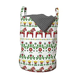 Ambesonne Folk Art Laundry Bag, Scandinavian Themed Pattern of Swedish Dala Horse and Flowers, Hamper Basket with Handles Drawstring Closure for Laundromats, 13" x 19", Green Vermilion