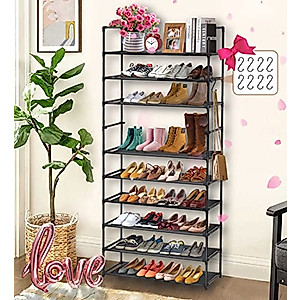 AOSION 10 Tier Shoe Rack,Shoe Rack for Closet,30-50 Pairs Tall Shoe Rack Organizer with Hooks,Large Shoe Rack with Removable,Space Saving Shoe Shelf,Non-Woven Fabric Shoe Tower,Black