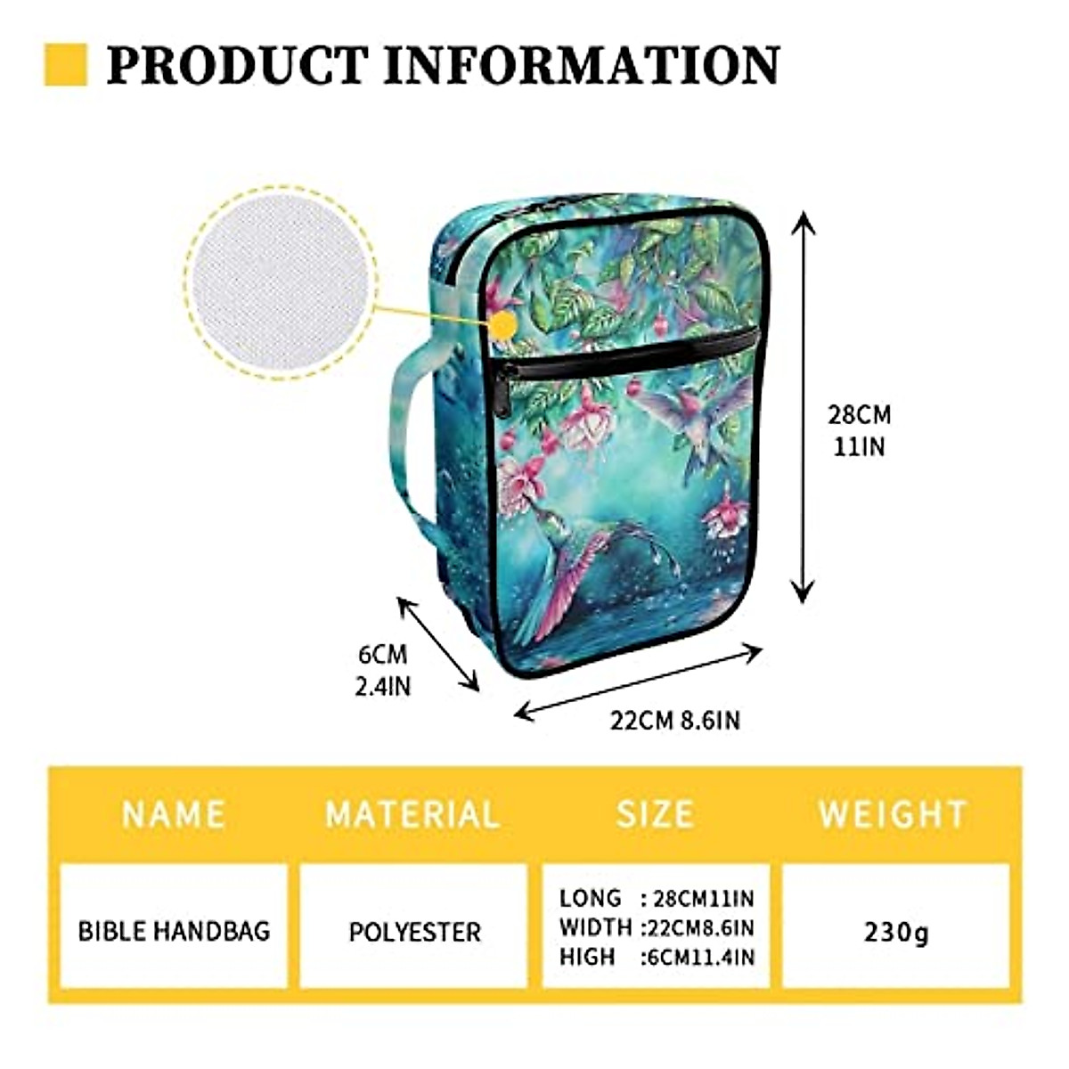 BYCHECAR Hummingbird Bible Covers Teen Girls Bible Bags for Women Flower Scripture Carrying Case with Handle Pockets，Bible Book Carrying Case Tote Purse