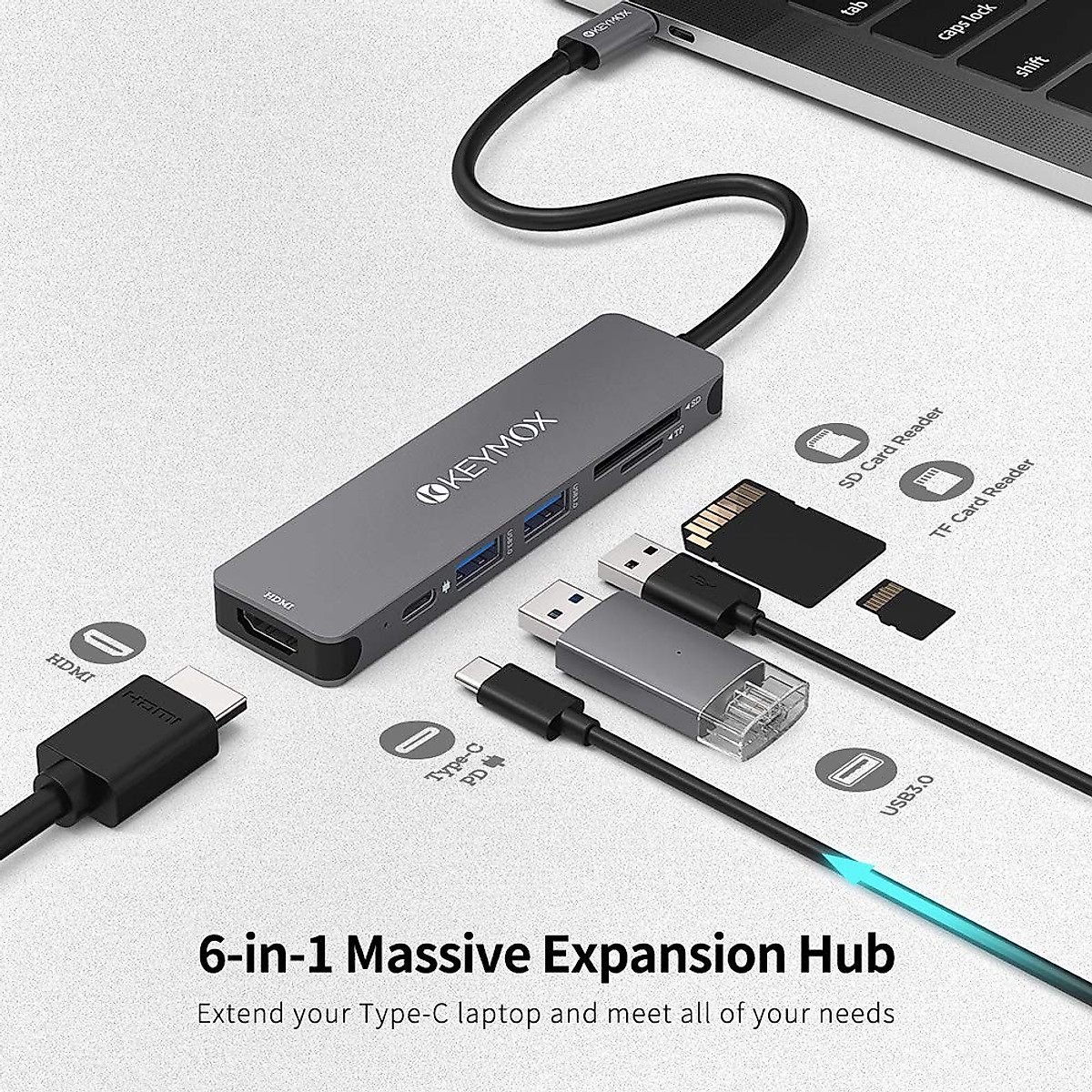 USB C Hub Multiport Adapter - KEYMOX 6 in 1 USB C Dongle with 2 USB-A, 100W PD Charging, 4K HDMI, SD/TF Card Reader Compatible with MacBook Pro/Air, iPad Pro and USB-C Devices