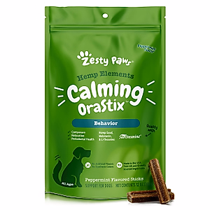 Zesty Paws OraStix for Dogs - Calming Dental Sticks for Stress with Hemp Melatonin Chamomile Dog Healthy Teeth and Gums Calm Composure for Fireworks and Thunderstorms - 12oz