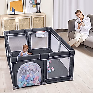 ANGELBLISS Baby Playpen, Extra Large Playard, Indoor & Outdoor Kids Activity Center with Anti-Slip Base, Sturdy Safety Play Yard with Breathable Mesh, Kid's Fence for Toddlers(Dark Grey,71”x59”)
