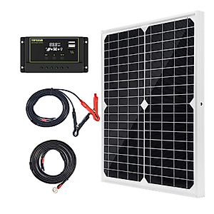 Topsolar Solar Panel Kit 20W 12V Monocrystalline with 10A Solar Charge Controller + Extension Cable with Battery Clips O-Ring Terminal for RV Marine Boat Off Grid System