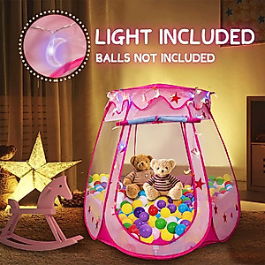 Pricess Tent, Kids Pop Up Tent with Star Light and Clip, Foldable Kids Princess Castle Playhouse Tent Indoor for Girls,Pink Indoor Outdoor 1 2 3 Year Old Girls Toy Gift for Birthday/Christmas