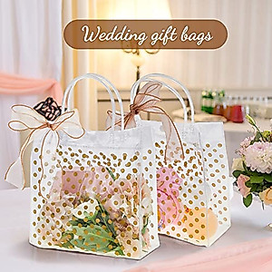 Amylove 50 Pcs Clear Plastic Gift Bags with Handle 7.9 x 7.9 x 3.2 Inches Wedding Gift Bags Polka Dots Gold Gift Bag Transparent Reusable Gift Bag PVC Bag for Wedding Birthday Baby Shower Party