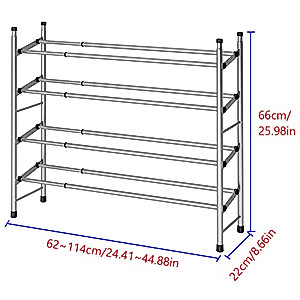 TZAMLI 4-Tier Free Standing Shoe Rack Metal Iron of Expandable and Adjustable Shoes Organizer, Stackable Shoe Shelf for Entryway Doorway, 24.41" x 8.66" x 25.98" (Silver Gray, 4-Tier)