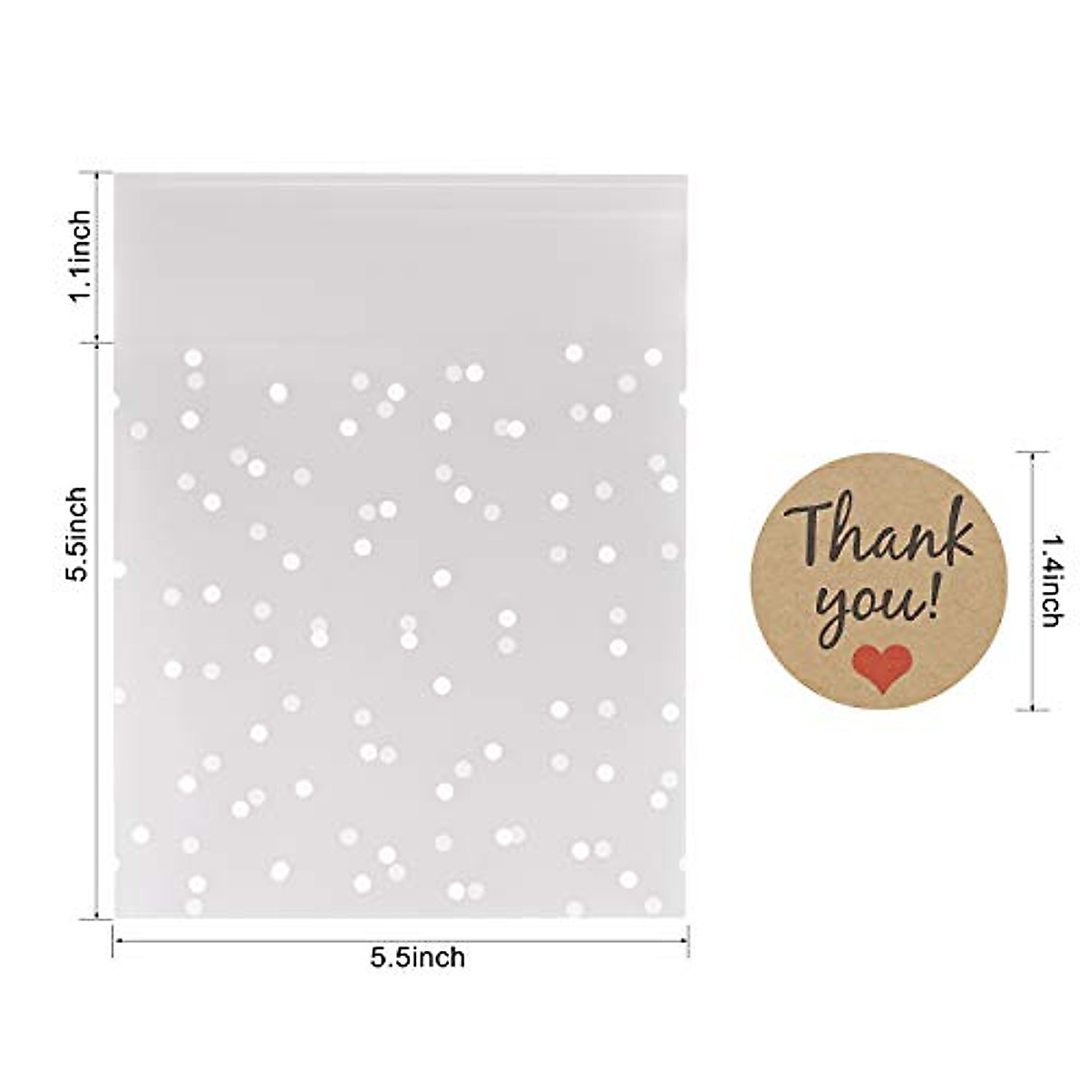Self Adhesive Cookie Bags Treat Bags, Resealable Cellophane Bags, White Polka Dot Individual Cookie Bags with Thank You Stickers for Gift Giving (5.5''x5.5'', 100 Pcs)