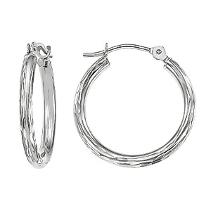 14k White Gold Hand Engraved Full Diamond-cut Round Hoop Earrings (18mm (0.7 inch))