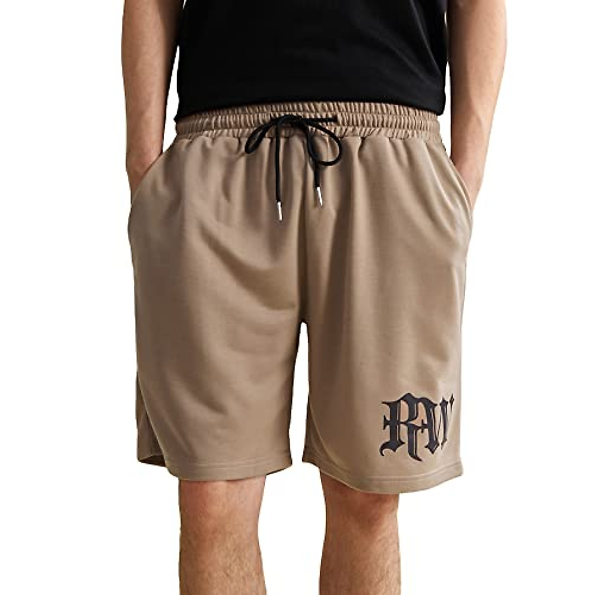 OYOANGLE Men's Letter Graphic Elastic Drawstring Waist Athletic Track Shorts with Pockets Khaki Graphic S