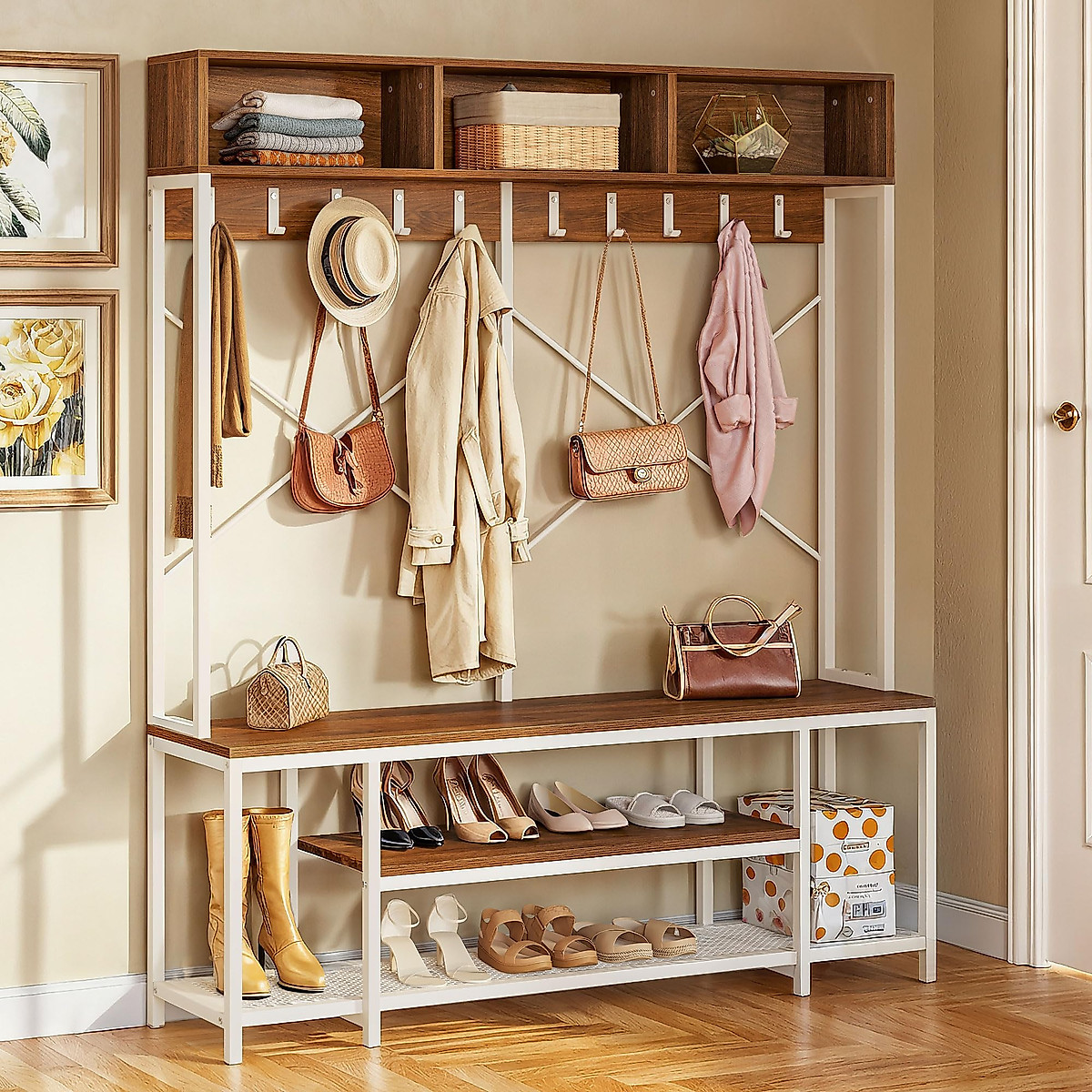 YITAHOME Entryway Bench with Coat Rack, 5-in-1 Hall Tree with Shoes Storage, Industrial Freestanding Coat Rack Shoe Bench with Storage Shelves, 10 Hooks for Hallway, Bedroom, Walnut/White