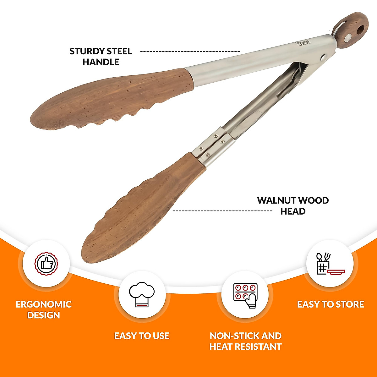 Boxiki Kitchen Tongs for Cooking with Wooden Tips - Nonstick Cooking Tongs & Salad Tongs for Serving Food, Grilling, Cooking, BBQ and Tossing Salad - Made of Natural Walnut Wood, Size 12-inch