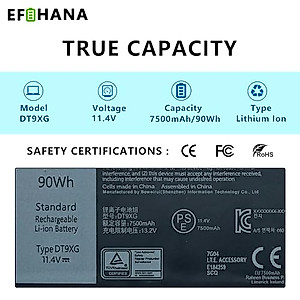 EFOHANA DT9XG 90Wh 6-Cell Laptop Battery Replacement for Dell Alienware Area-51m R1 R2 ALWA51M-D1968W D1969PW D1766W D1733B D1746WD1748DW D1735DB D1733PB Series 07PWKV 0KJYFY 11.4V