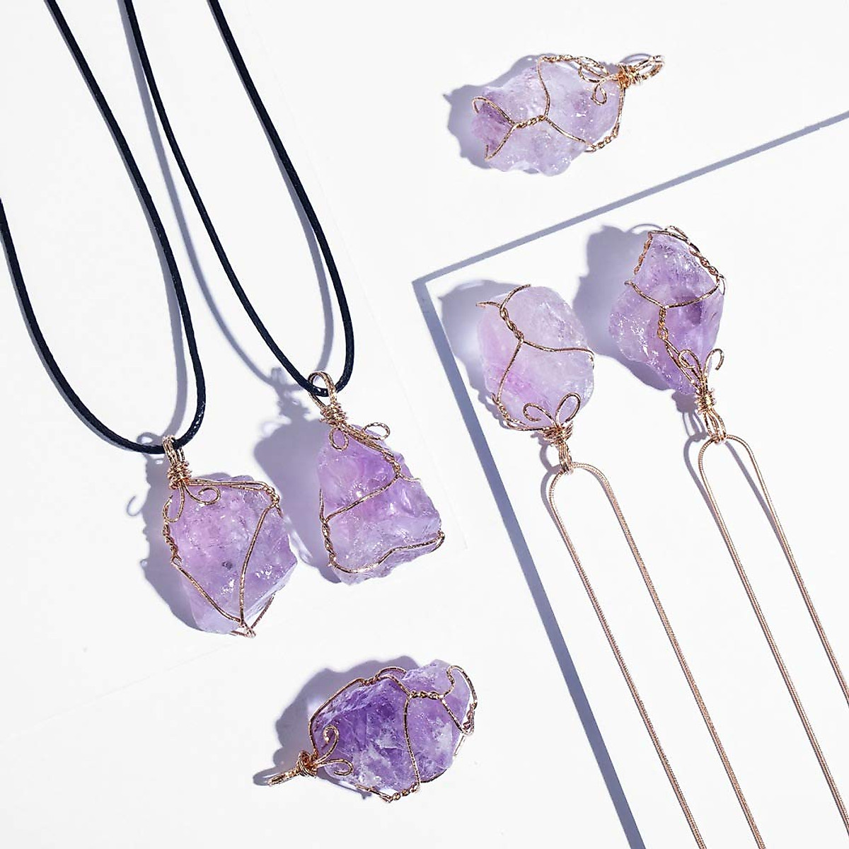 JUNHAN 3PCS Raw Irregular Crystal Pendant Necklace for Women Natural Tumbled Rock Quartz Wrapped Gold Wire Chakra Gemstone Jewelry with 2 Different Chains