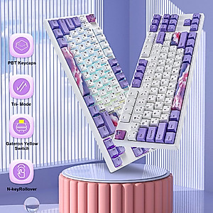 BOYI IK87 75% Tri-Mode Mechanical Gaming Keyboard,BT5.0/2.4G Wired RGB Keyboard,N-Key Rollover TKL Custom Keyboard Gateron Yellow Switch(Purple Dream Encounter Keycaps)