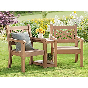 Psilvam Patio Furniture, All-Weather Poly Lumber Outdoor Loveseat, 2-Seater Outdoor Chair with Center Table & Umbrella Hole, Waterproof Accent Chairs Suitable for Lawn, Garden, Terrace (Teak Color)