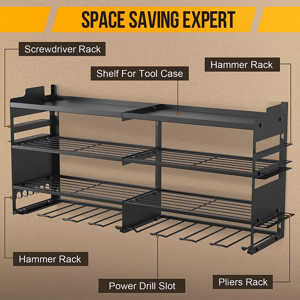 Power Tool Organizer, Drill Holder Wall Mount, Storage Rack for Cordless Drill, Heavy Tool shelf with Screwdriver Holder/Pliers Holder/Hammer