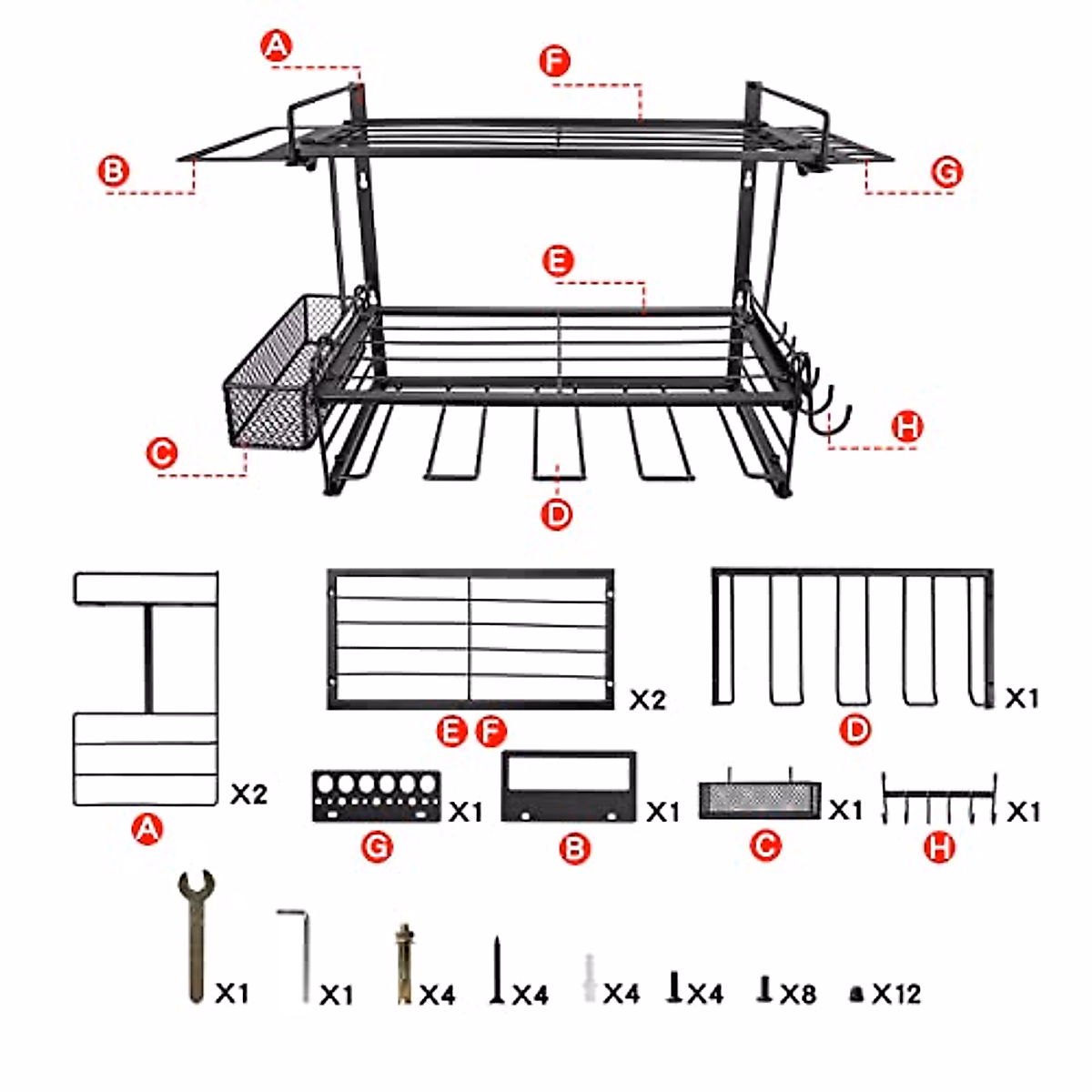 PCBRWA Wall Mounted Power Tool Storage Rack - Heavy Duty Wall Mounted Tool Rack with 3 Layer Metal Tool Organiz and storage with Screwdriver Holder/Plier Holder(Black)