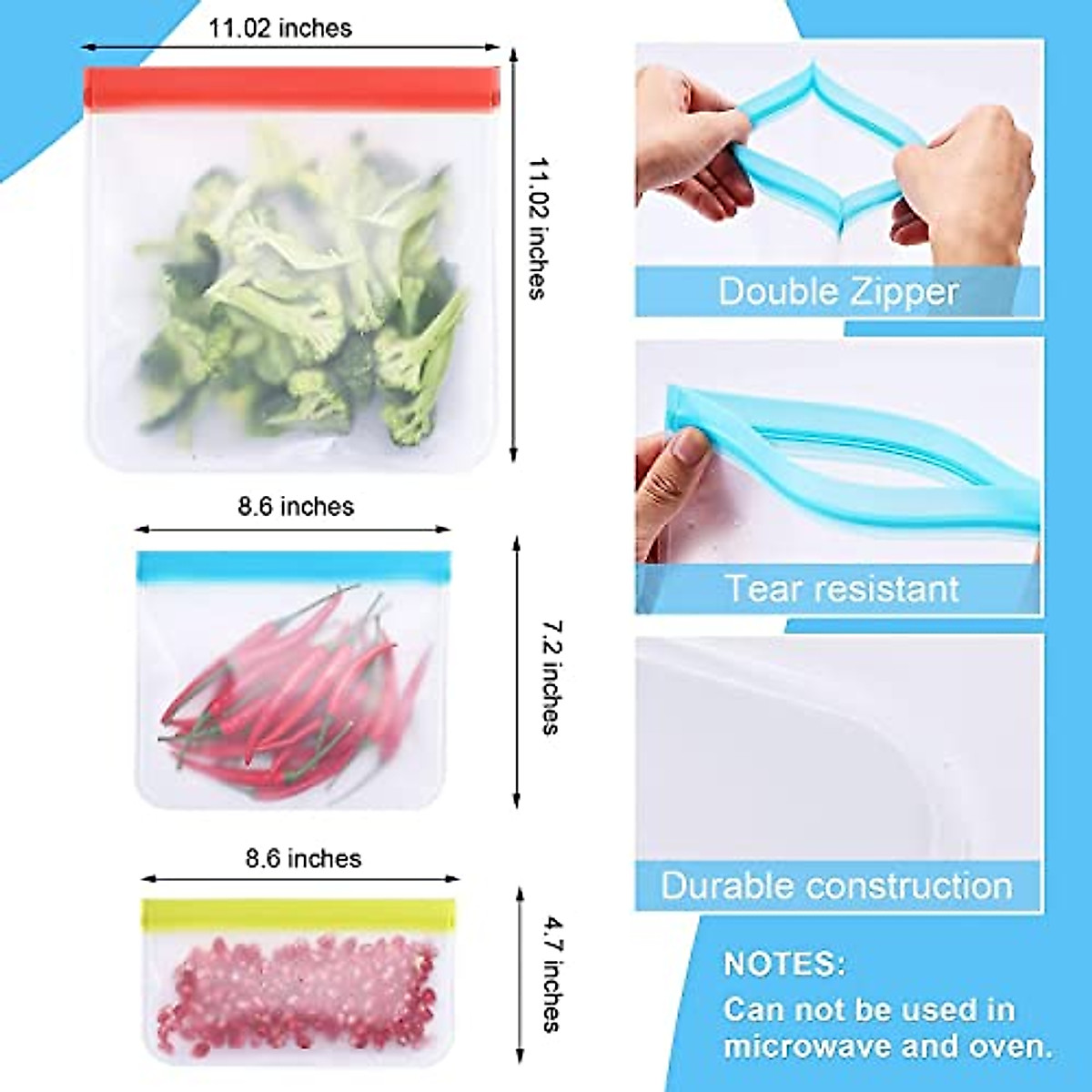 Reusable Food Storage Bags- 24 Pack Reusable Ziploc Bags (8 Reusable Gallon Bags + 8 Reusable Sandwich Bags + 8 Reusable Snack Bags)，Silicone Food Bags for Meat Fruits and Vegetables.