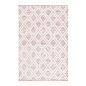 Safavieh Natura Collection Accent Rug - 4' x 6', Ivory & Red, Handmade Moroccan Boho Farmhouse Trellis Braided Tassel Wool, Ideal for High Traffic Areas in Entryway, Living Room, Bedroom (NAT183Q)