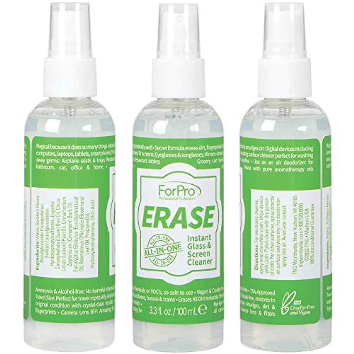 ForPro Erase Instant Glass & Screen Cleaner Kit, for TV Screens, Smartphones, Eyeglasses, Mirrors - Includes 3.3 Oz. Bottle and Microfiber Cleaning Cloth (Pack of 3)