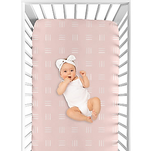 Sweet Jojo Designs Pink Boho Mudcloth Girl Fitted Crib Sheet Baby or Toddler Bed Nursery - Light Blush and White Bohemian Woodland Tribal Southwest Mud Cloth Hatch Triple Line Girl Shabby Chic