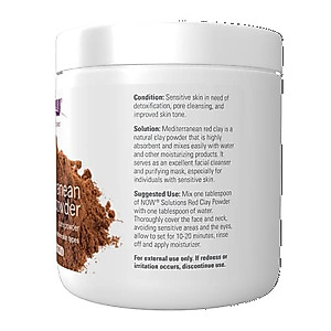 NOW Foods Solutions, Mediterranean Red Clay Powder, Pure Powder for Sensitive Skin Facial Mask, 14-Ounce