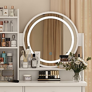 MOUMON Vanity Desk Vanity Mirror Makeup Desk with Lights, Vanity Desk with Mirror and Lights, Makeup Vanity with Drawers and Shelves, Crystal Handles, Cushion Stool, White