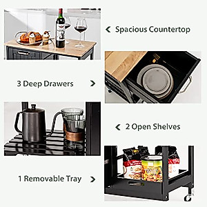 GOFLAME Kitchen Island Cart on Wheels with Storage, Versatile Rolling Cart with Wood Countertop, 3 Drawers, Removable Tray & Lockable Casters, Mobile Serving Trolley for Kitchen, Dining Room, Black