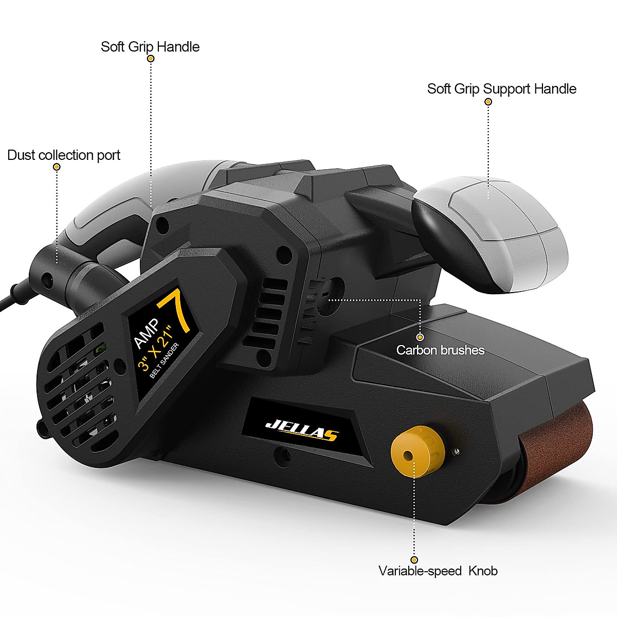 Jellas 3 × 21-Inch Belt Sander with Dust Bag, 7Amp Sander Machine with Variable-speed Control, 2 in 1 Vacuum Adapter, 10Feet (3 meters) Length Power Cord BS750-SD