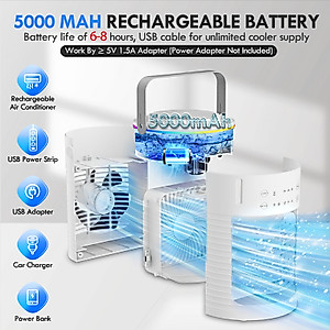 Portable Air Conditioners, 3 Speeds Rechargeable Evaporative Air Cooler With 5000 mAh Batterie, 7-Color LED Light, 2 Cool Mist & 2-8H Timer, Personal Cooling Fan Air Conditioner for Room Car Office