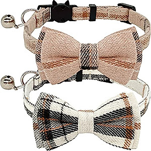 KUDES 2 Pack Cat Collars Set, Cat Collar Breakaway with Cute Bow Tie and Bell, Adjustable from 7.5-10.8 Inch, Soft and Comfortable for Kitten and Some Puppies (Beige + Brown)