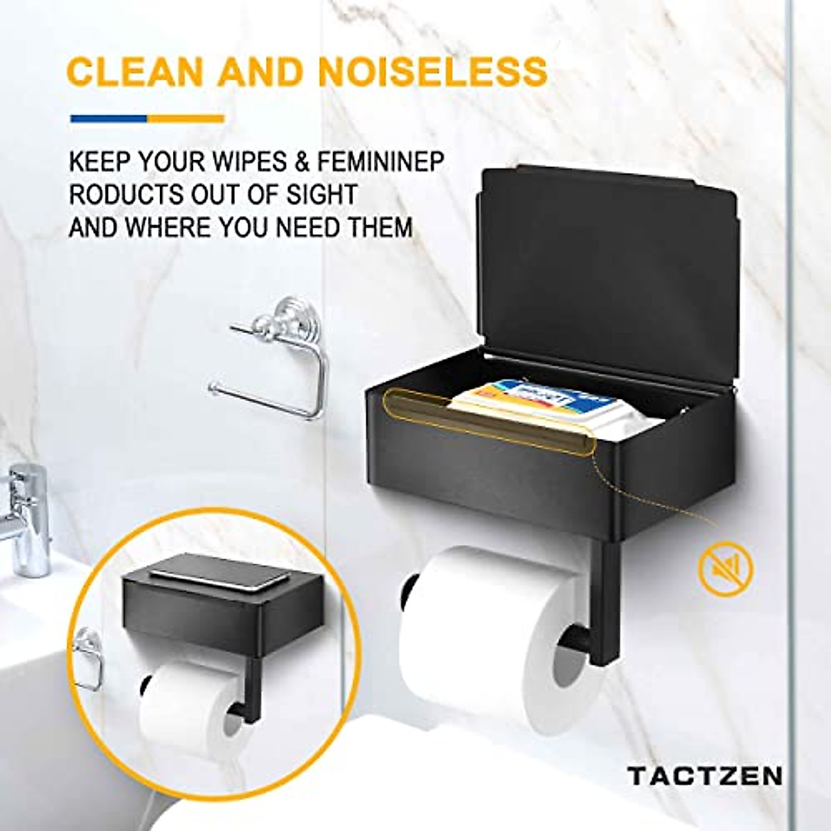 Tactzen Black Toilet Paper Holder, Flushable Wipes Dispenser Bathroom Storage Cabinet with Toilet Roll Holder with Phone Shelf,Stainless Steel Wall Mount Bathroom Organizer (Black-Plane)