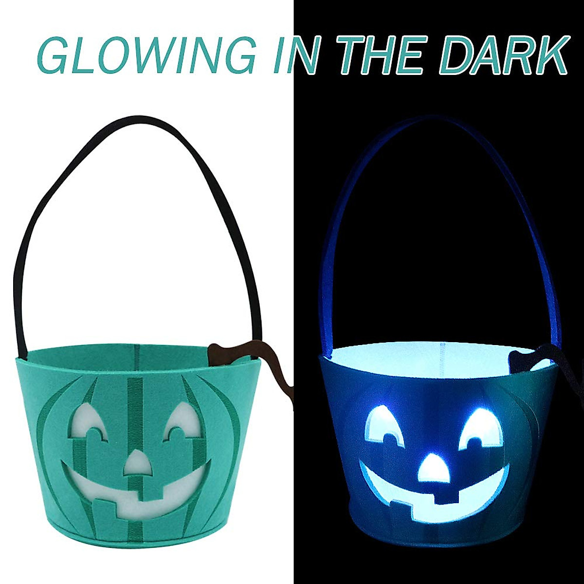 Ahuimeius Light Up Teal Pumpkin Halloween Felt Trick or Treat Bucket, with Blue LED lights, Halloween Party Favors, Halloween Snacks, Halloween Goodie Bags for Kids, Novlety Gifts
