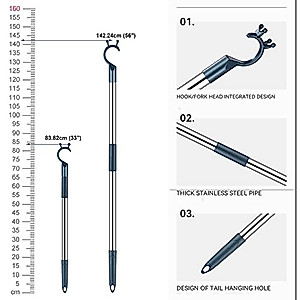 Reach Stick High Place Reaching Pole with Hook 56" Extendable Stainless Steel Reaching Tool Pole for High Place, Top Rod, Closet Shelf