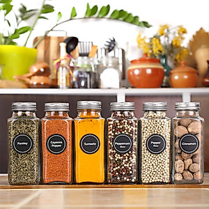 Aozita 14 Pcs Glass Spice Jars with Spice Labels - 8oz Empty Square Spice Bottles - Shaker Lids and Airtight Metal Caps - Chalk Marker and Silicone Collapsible Funnel Included