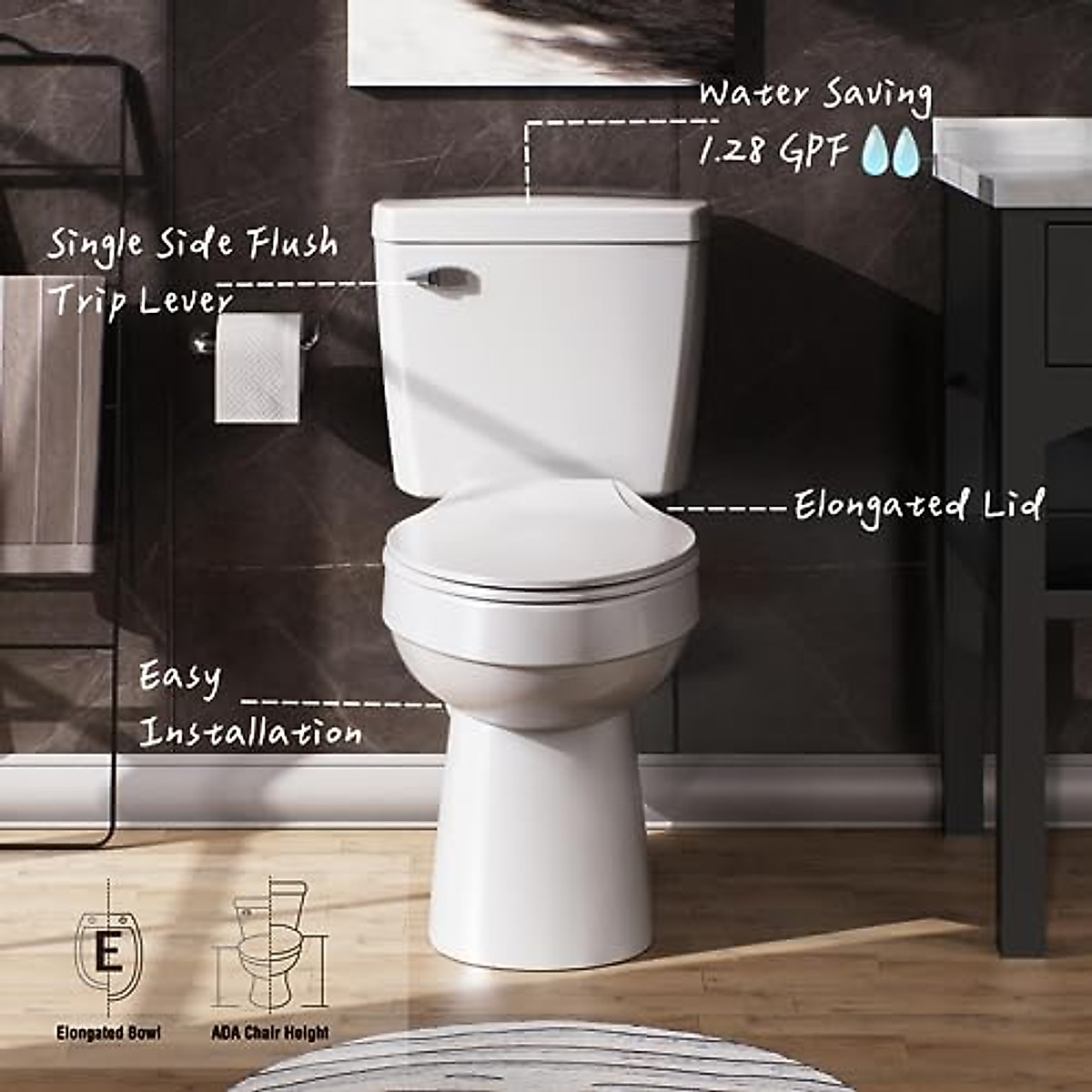 White 2-piece Elongated Toilet with Standard 12-in Rough-in, ELLAI Powerful Single Flush 1.28 GPF ADA Chair Height Toilet (Seat Included)