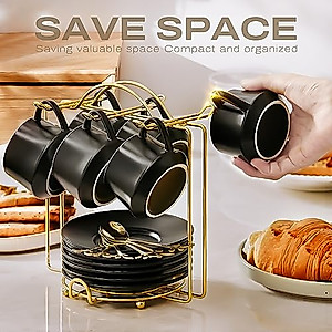 Lareina Espresso Cups with Saucers, Spoons and Metal Stand, Small 4 oz Ceramic Cappuccino Coffee Cups Set of 6, Cute Demitasse Cups with Handle for Nespresso Lungo, Double Espresso, Cortado(Black)