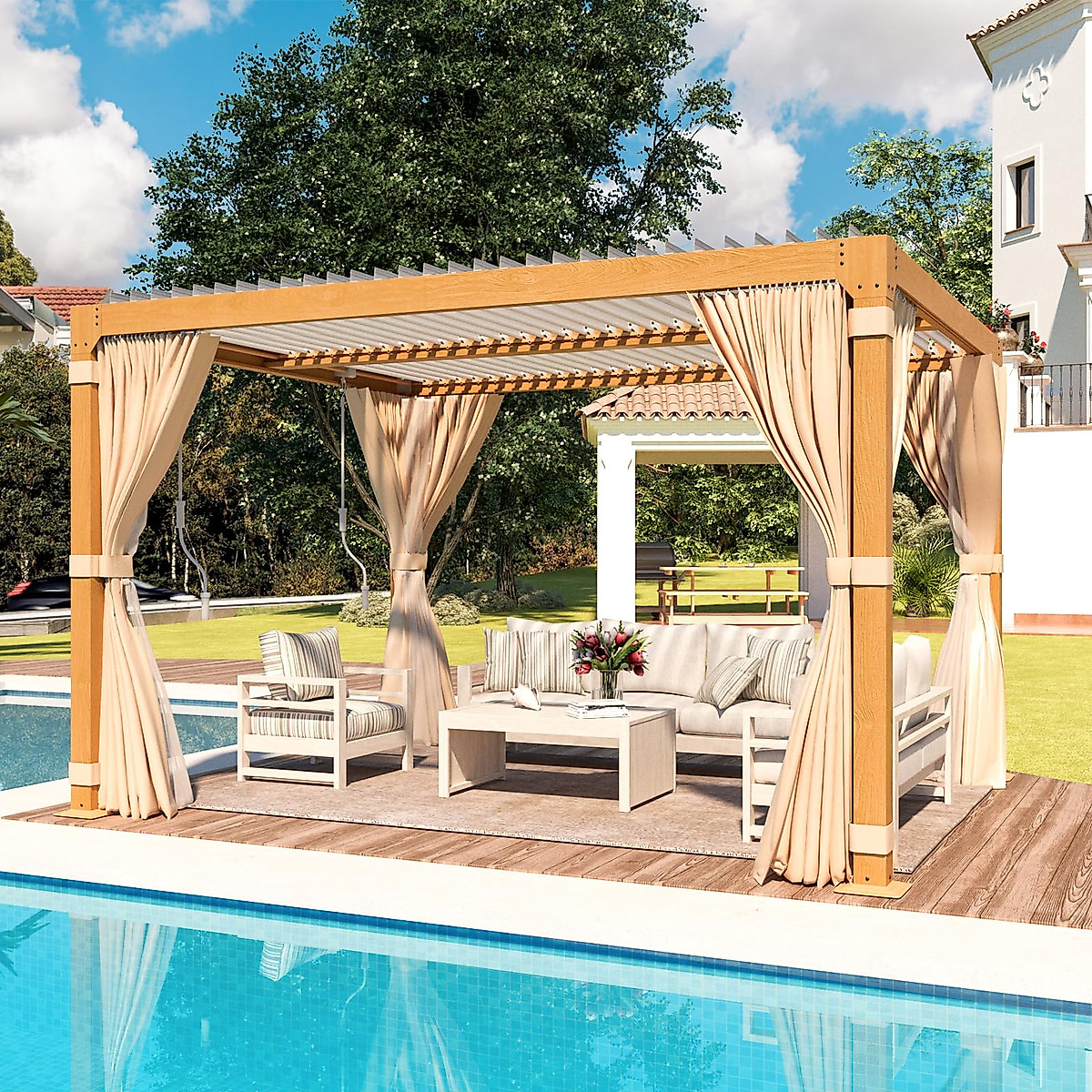 MELLCOM Louvered Pergola 10x12, Aluminum Pergola with Adjustable Louvered Roof, Wood Grain Outdoor Small Pergola with Waterproof Curtains and Nets