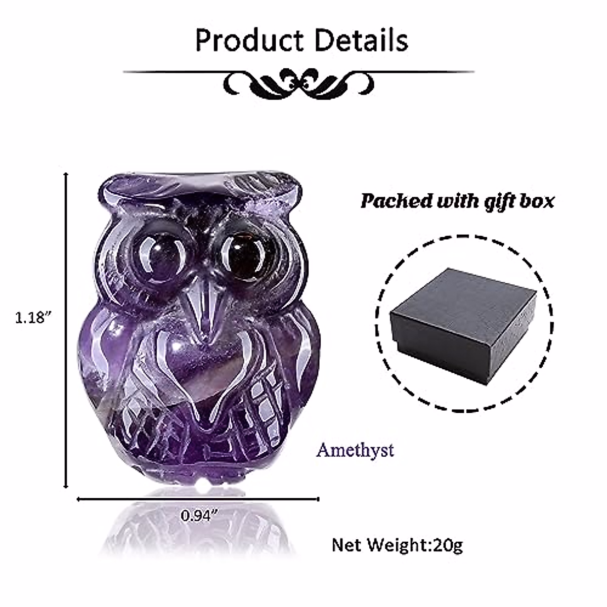 CrystalTears Amethyst Crystal Owl Figurine Ornament Carved Natural Healing Crystal Gemstone Animal Statue for Home Office Decor Reiki Healing Good Luck Crystal Gift for Christmas